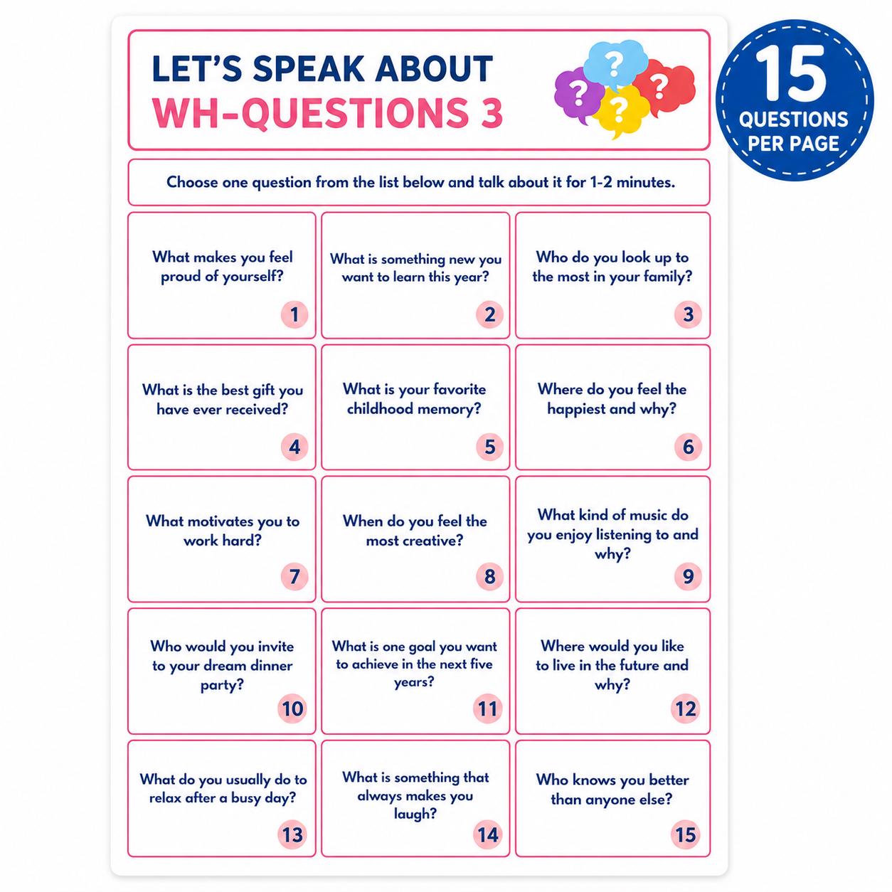 150 WH Questions Speaking Cards | ESL EFL Classroom Activity (pdf ...