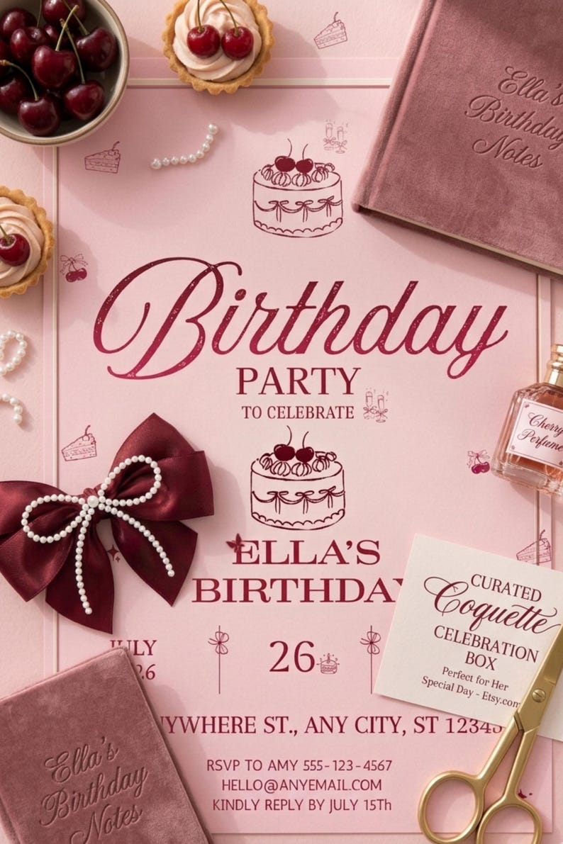 Coquette Cherry Birthday Invitation, Pink Burgundy Editable Canva ...