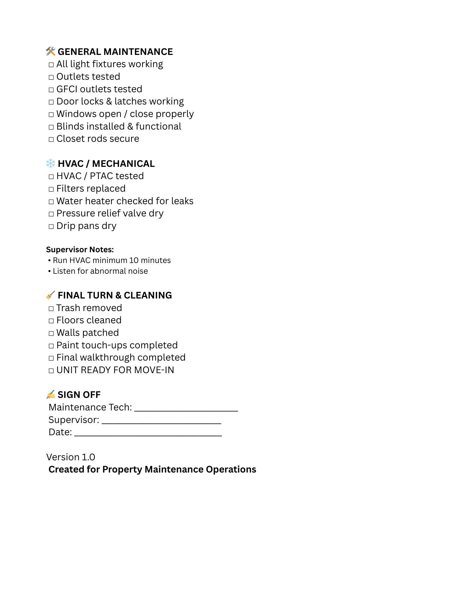 Apartment Make Ready Checklist | Rental Turn Checklist | Property ...