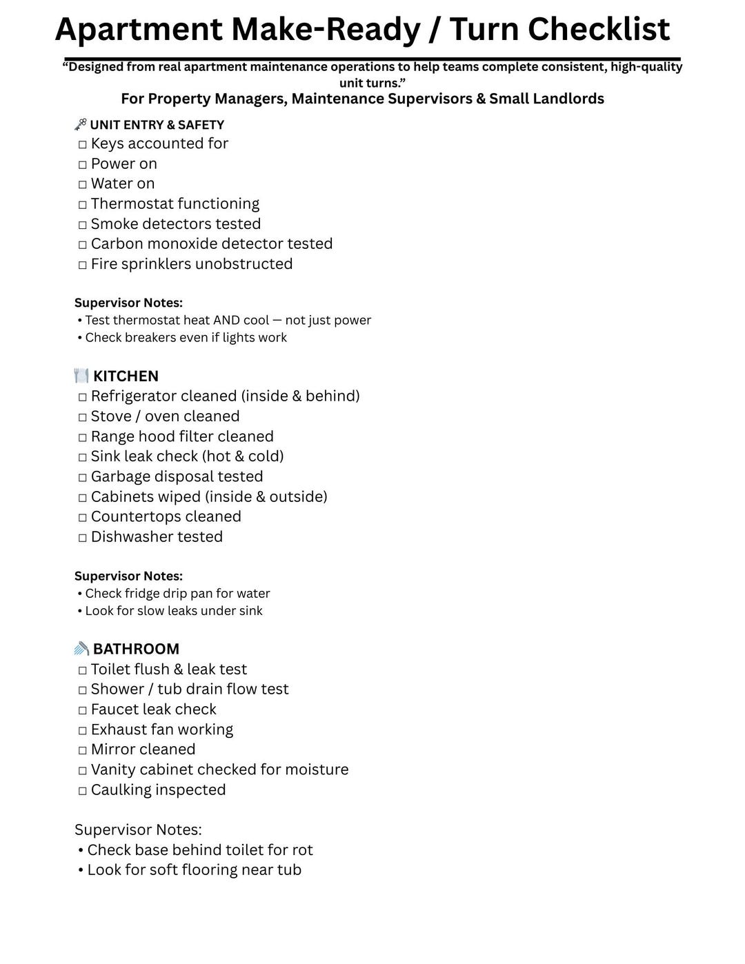 Apartment Make Ready Checklist | Rental Turn Checklist | Property ...