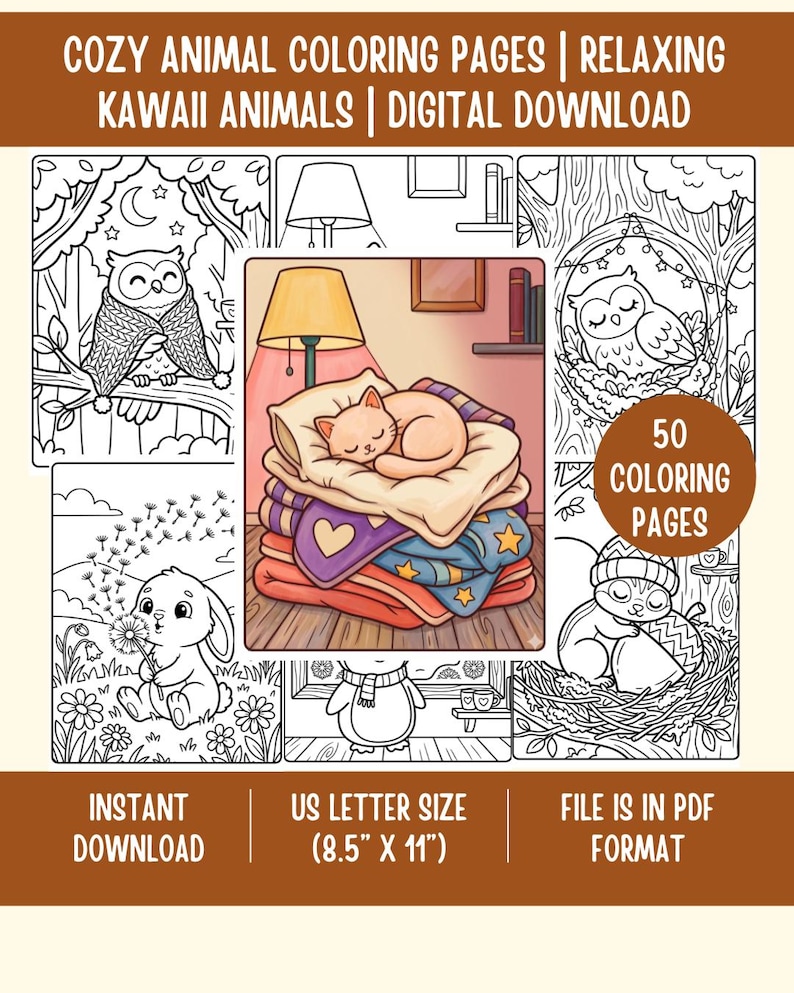Cozy Animal Coloring Pages | Kawaii Animals, Relaxing Designs (digital ...