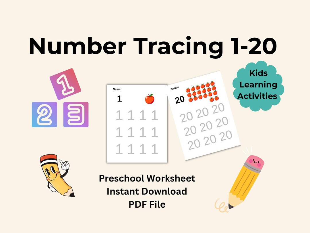 Number Tracing Worksheet 1-20 – Preschool Kindergarten Activity (PDF ...