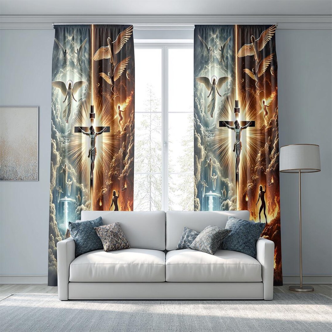 Jesus on the Cross Heaven Curtains, Angelic Divine Light Window Drapes ...