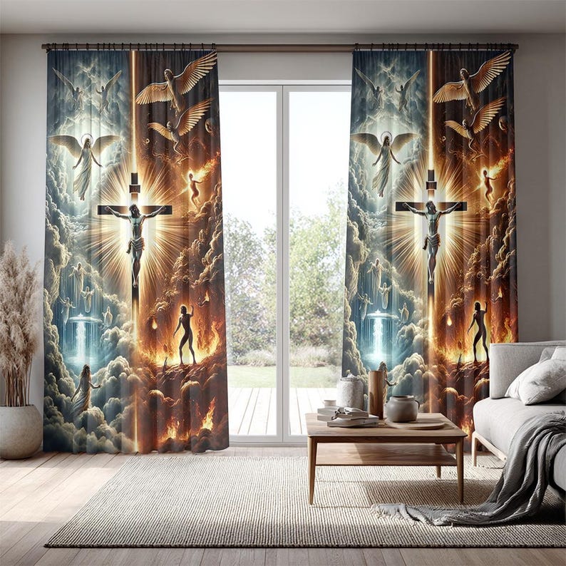 Jesus on the Cross Heaven Curtains, Angelic Divine Light Window Drapes ...