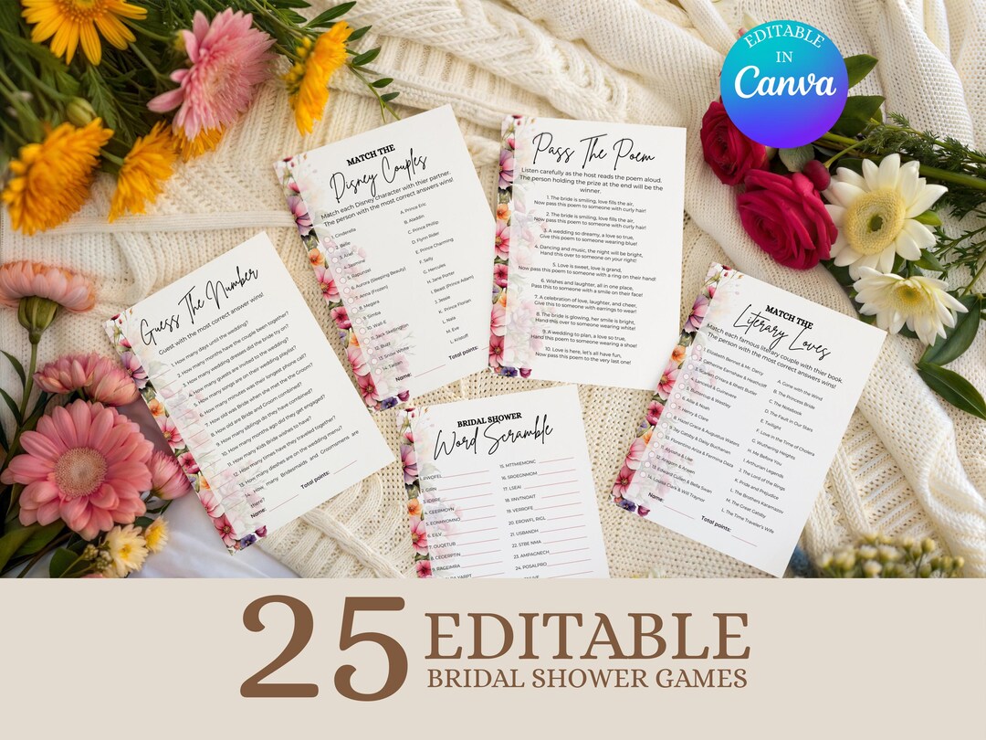 Pink Floral Bridal Shower Games Bundle | 25 Editable Canva Templates ...