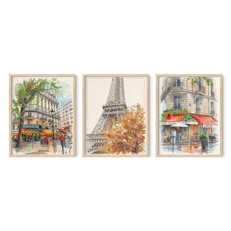 Paris Eiffel Tower Watercolor Prints, French Bistro Travel Art Set - Etsy