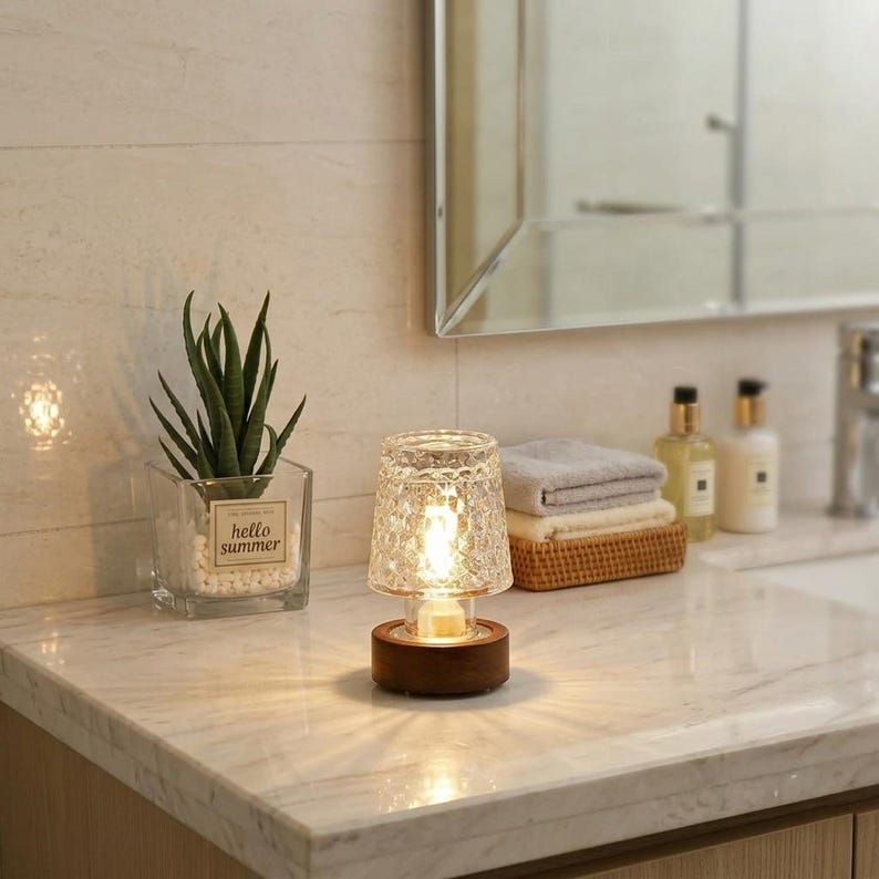 Warm LED Crystal Night Light, Art Deco Glass Lamp, Battery Operated ...