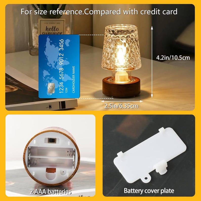 Warm LED Crystal Night Light, Art Deco Glass Lamp, Battery Operated ...