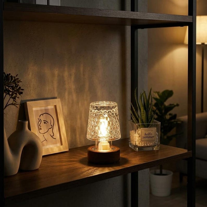 Warm LED Crystal Night Light, Art Deco Glass Lamp, Battery Operated ...