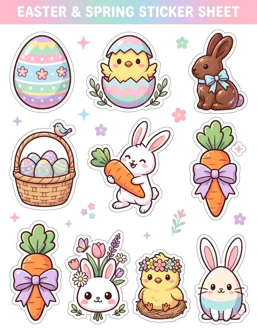 50+ Printable Easter Spring Sticker Pack With Pastel Bunny Egg Design ...