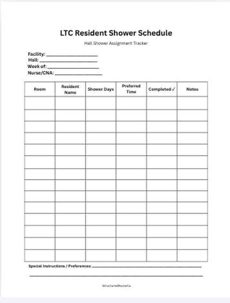 LTC Shower Schedule Template Printable | Long Term Care CNA Assignment ...