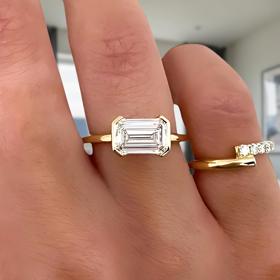 East West Emerald Cut Diamond Ring, Horizontal Solitaire Gold ...