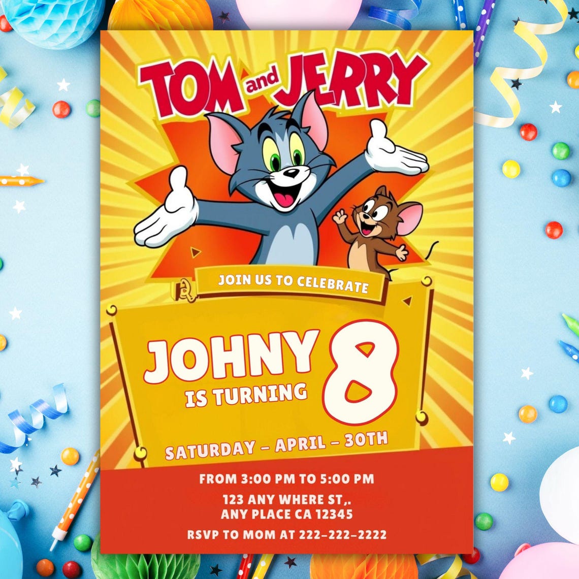 Editable Tom & Jerry Cartoon Simple Kids’ Birthday Invitation ...