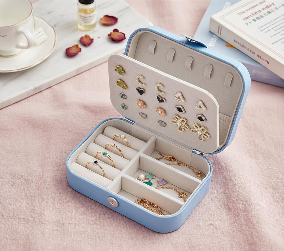 Travel Jewelry Box | Dusty Blue Leather Organizer | Portable Ring ...