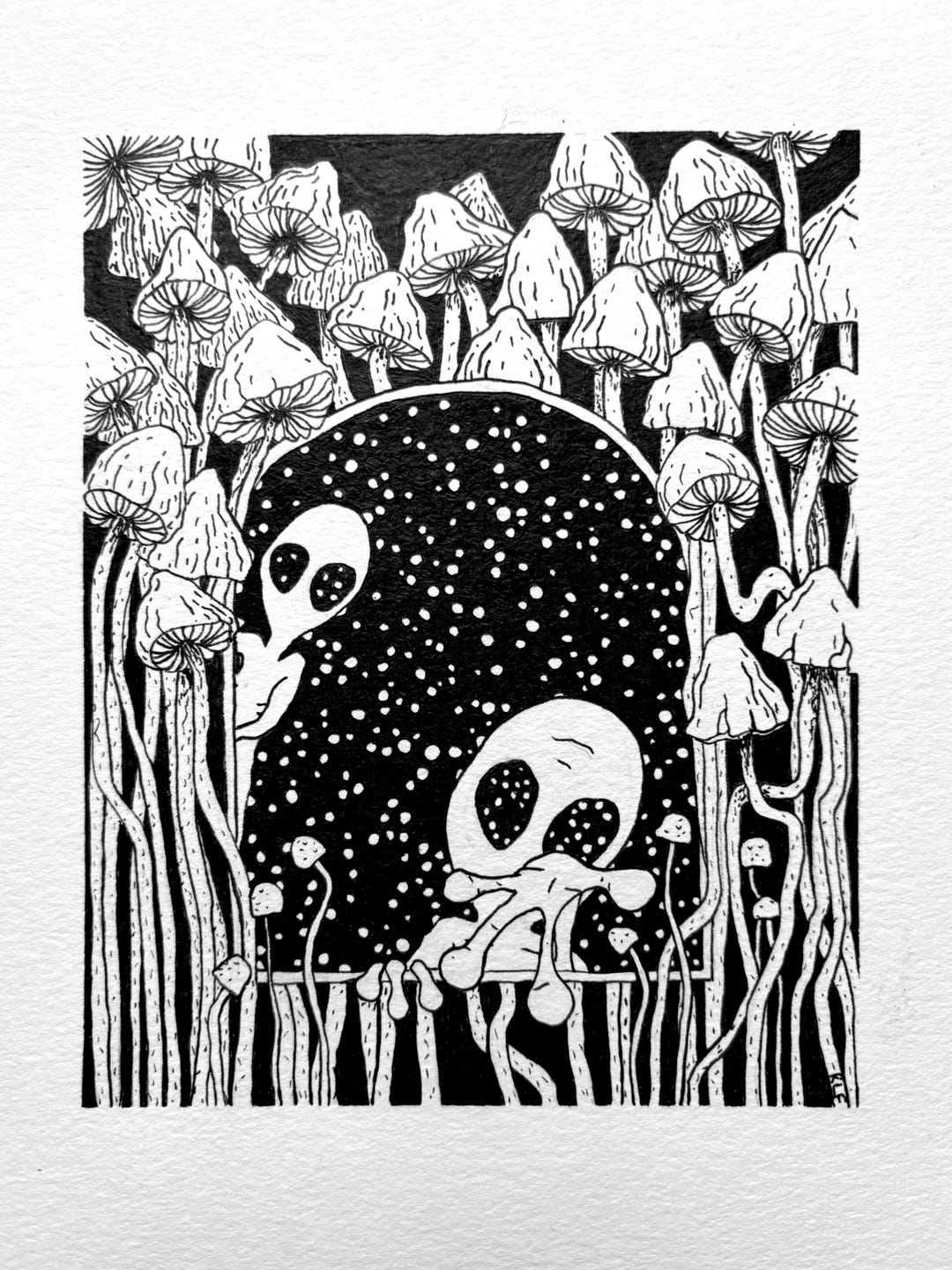 Though the Gate - Original Drawing - Aliens and Mushrooms - Etsy