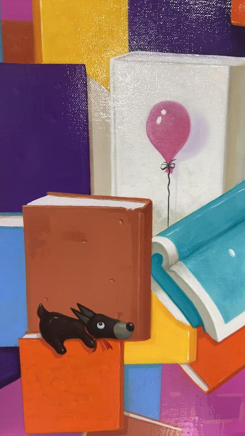 Original Oil Painting: Color Block Books, Dog, Balloons – Kids Room Art ...