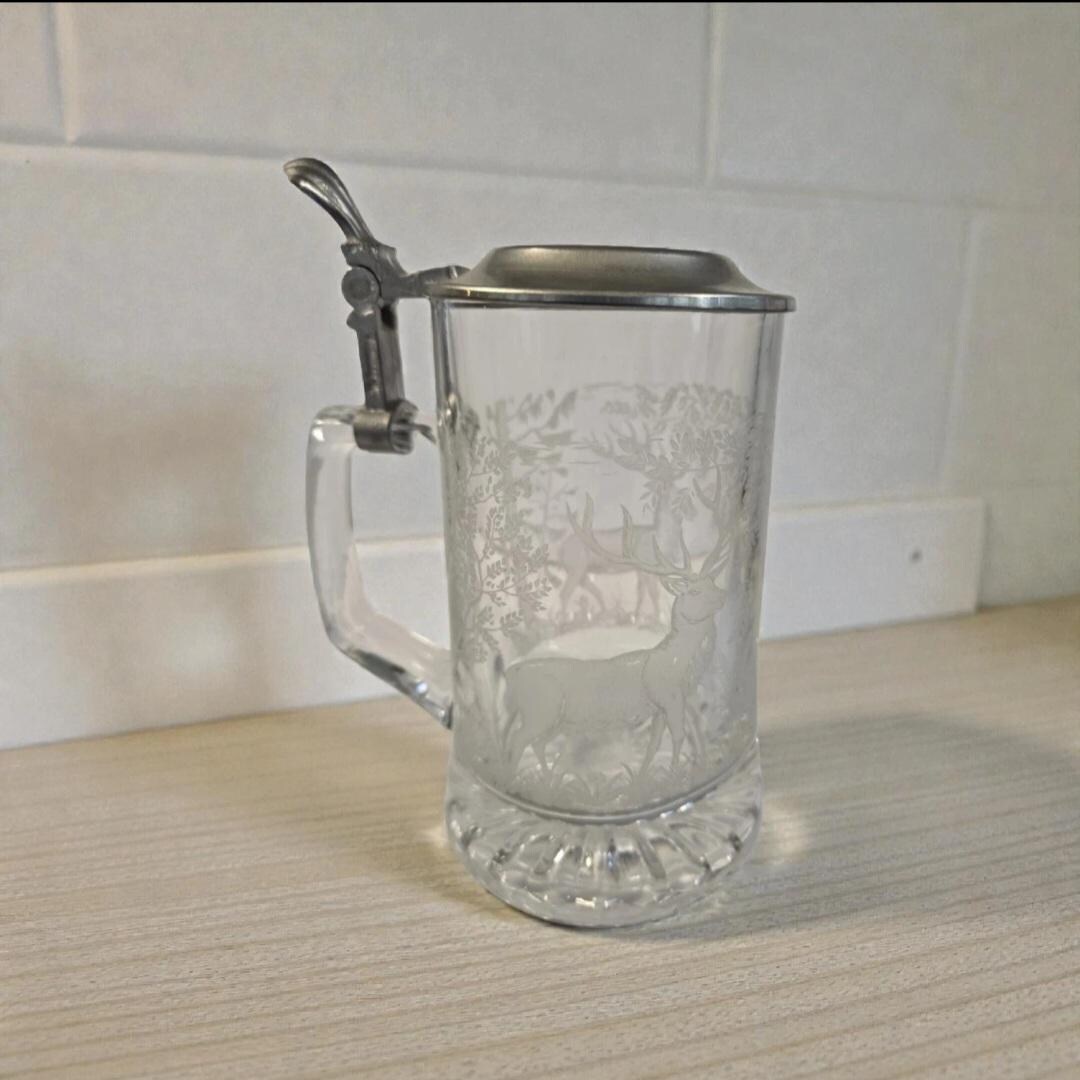 Vintage ALWE German Beer Stein Glass Pewter Lid Etched Stag Deer ...