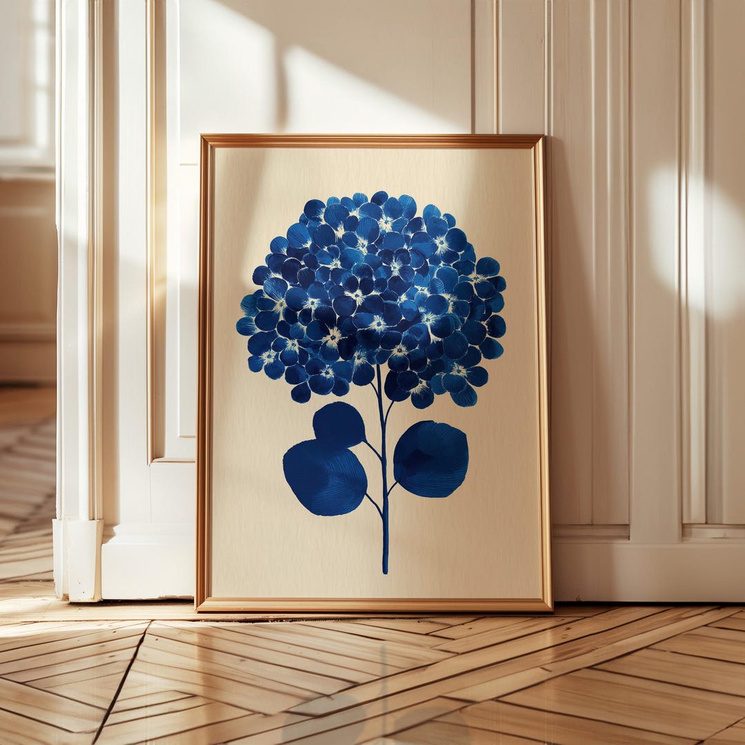 Blue Hydrangea Wall Art Print: Navy Botanical, Minimal Neutral Decor - Etsy