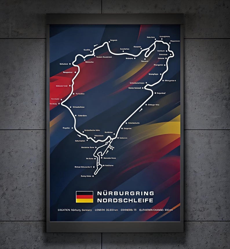 Nürburgring Nordschleife Track Map Poster, Navy Motorsport Wandkunst ...