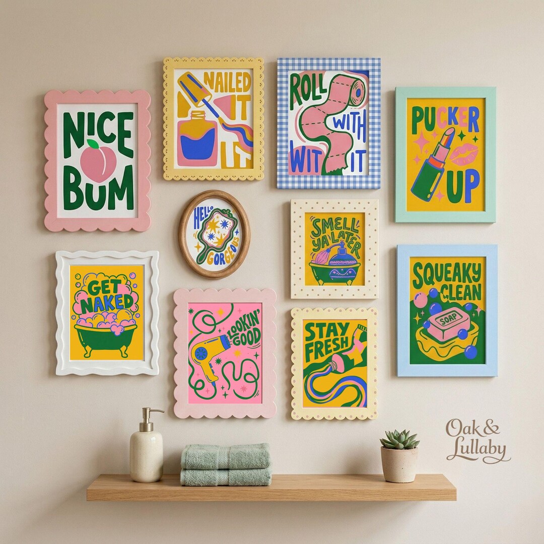 Colorful Bathroom Wall Art Set of 10 Prints, Bright Fun Posters, Modern ...