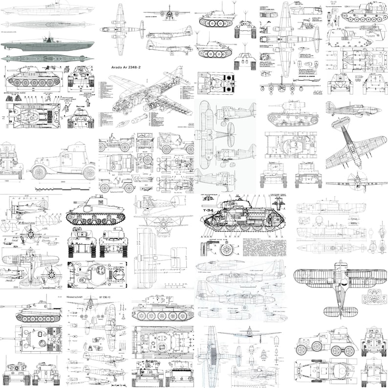 137 Military Vehicle Blueprints Poster Bundle, Aircraft Line Drawings ...