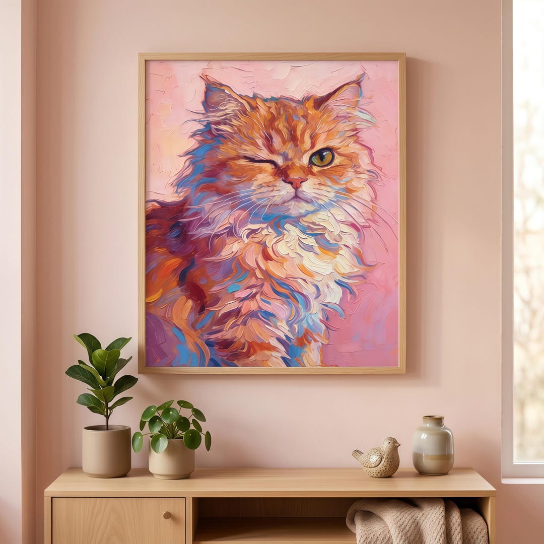 Winking Ginger Cat Impasto Print | Whimsical Vintage Kitten Wall Art ...