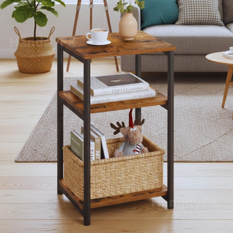 Rustic Wooden 3 Tier Side Table, Industrial End Table With Storage ...