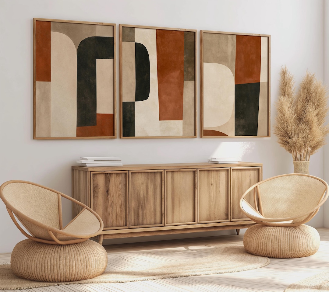 Japandi Triptych Wall Art | Terracotta Beige Black Geometric Abstract ...