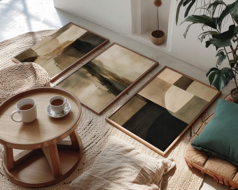 Wabi Sabi Wall Art Set of 3 | Beige Black Abstract Prints | Textured ...