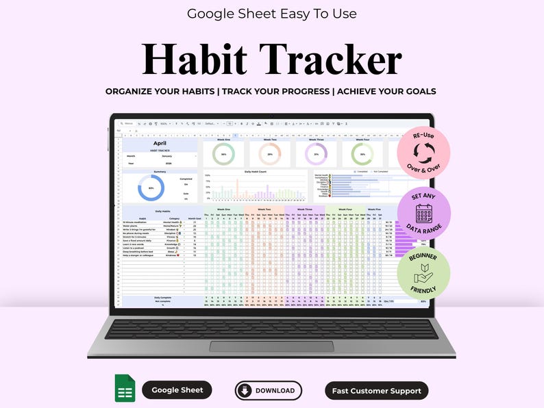 Habit Tracker Google Sheets | Daily Weekly Monthly Spreadsheet 2026 ...