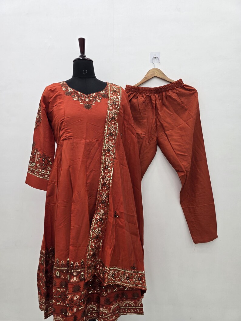 Red Roman Silk Anarkali Suit, Embroidered Sequence Work Dupatta ...