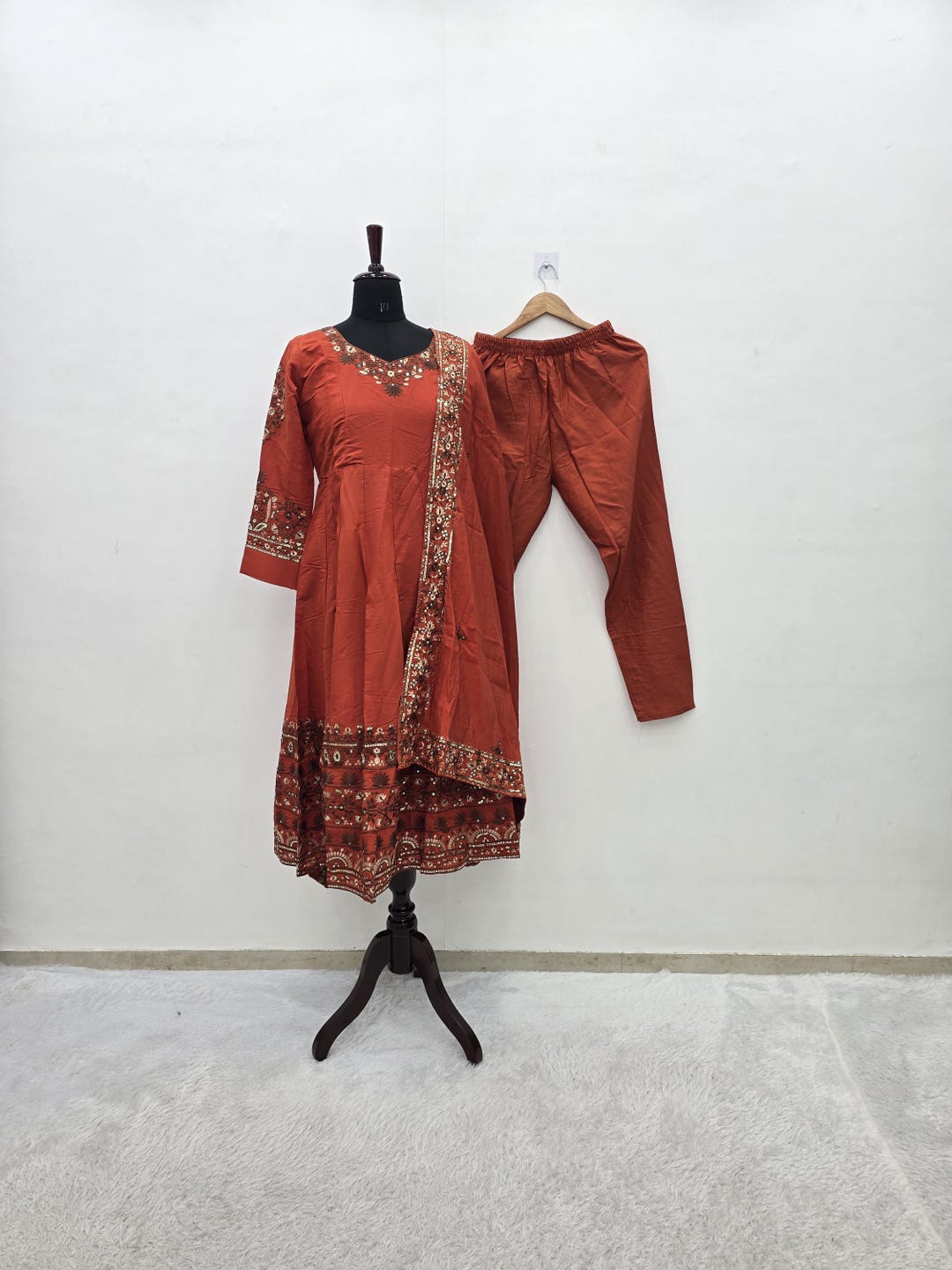 Red Roman Silk Anarkali Suit, Embroidered Sequence Work Dupatta ...