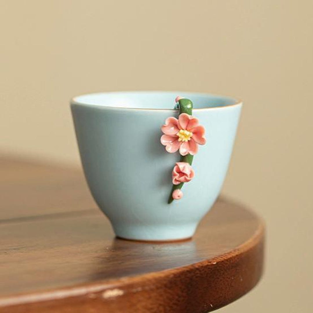 Japanese Style Celadon Plum Blossom Tea Cup, Song Style Ceramic Yunomi ...