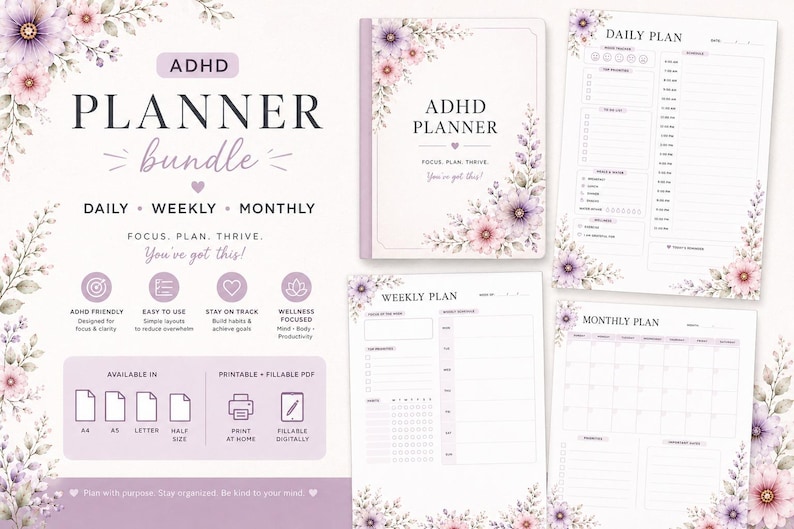 ADHD Planner Printable Set, Fillable Daily Weekly Monthly Journal, A4 ...