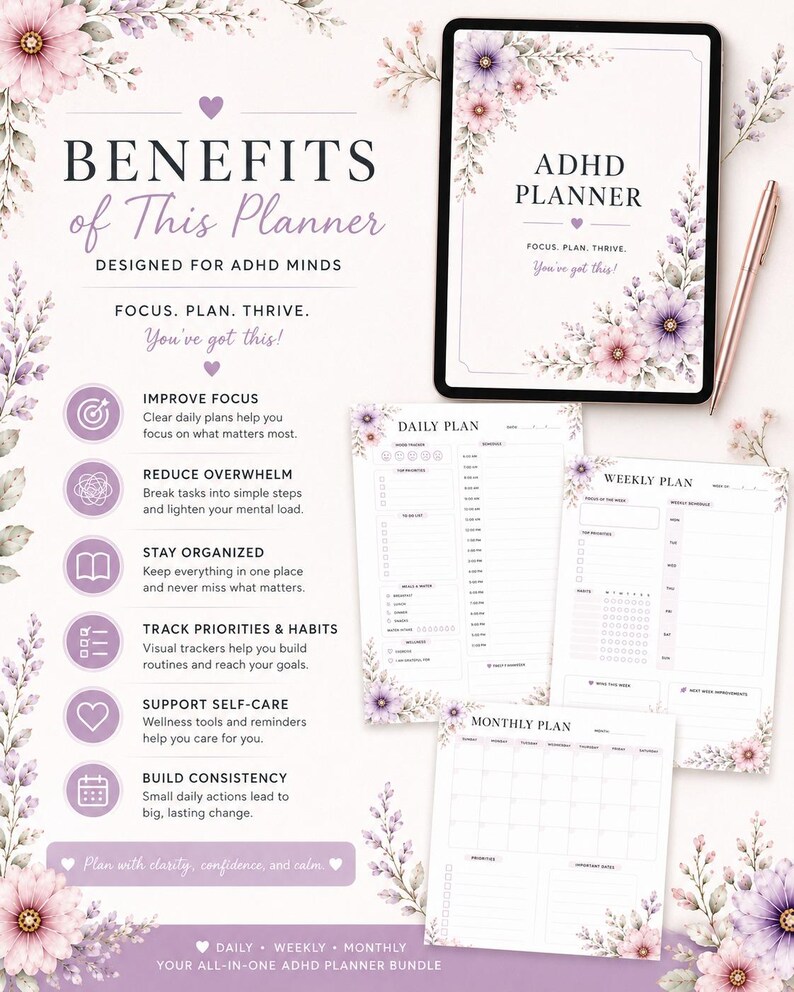 ADHD Planner Printable Set, Fillable Daily Weekly Monthly Journal, A4 ...