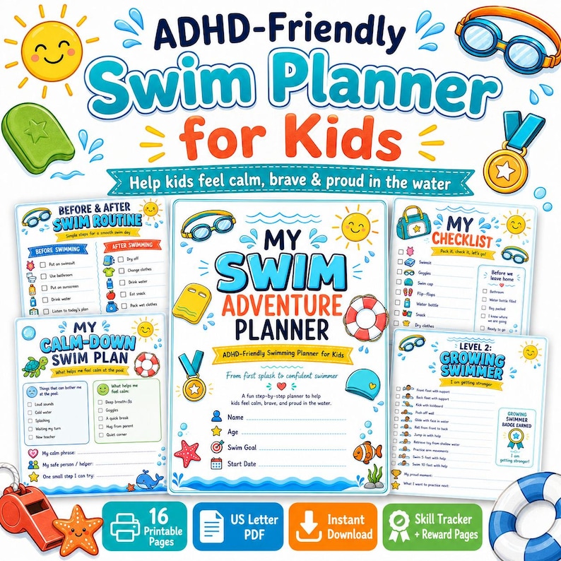 ADHD Kids Swim Lesson Tracker Printable Planner Checklist PDF With ...
