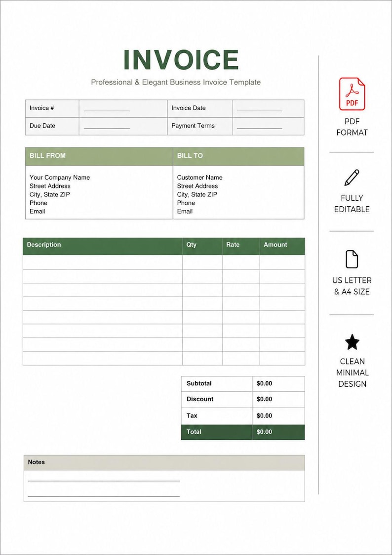 Editable Invoice Template PDF | Instant Download PDF | A4 & US Letter ...