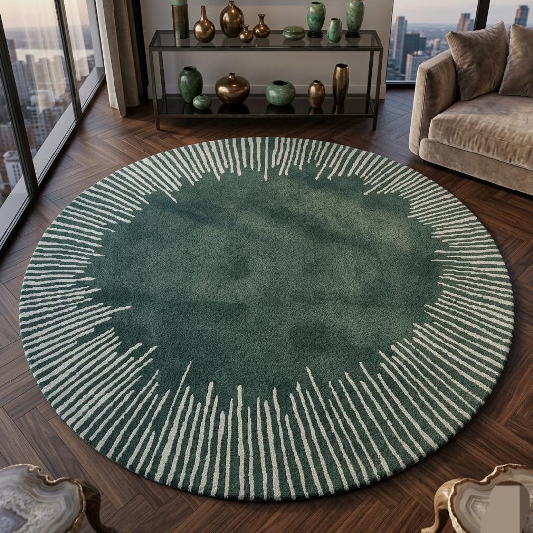 Forest Green Sunburst Hand Tufted Round Rug, Modern Emerald Abstract ...
