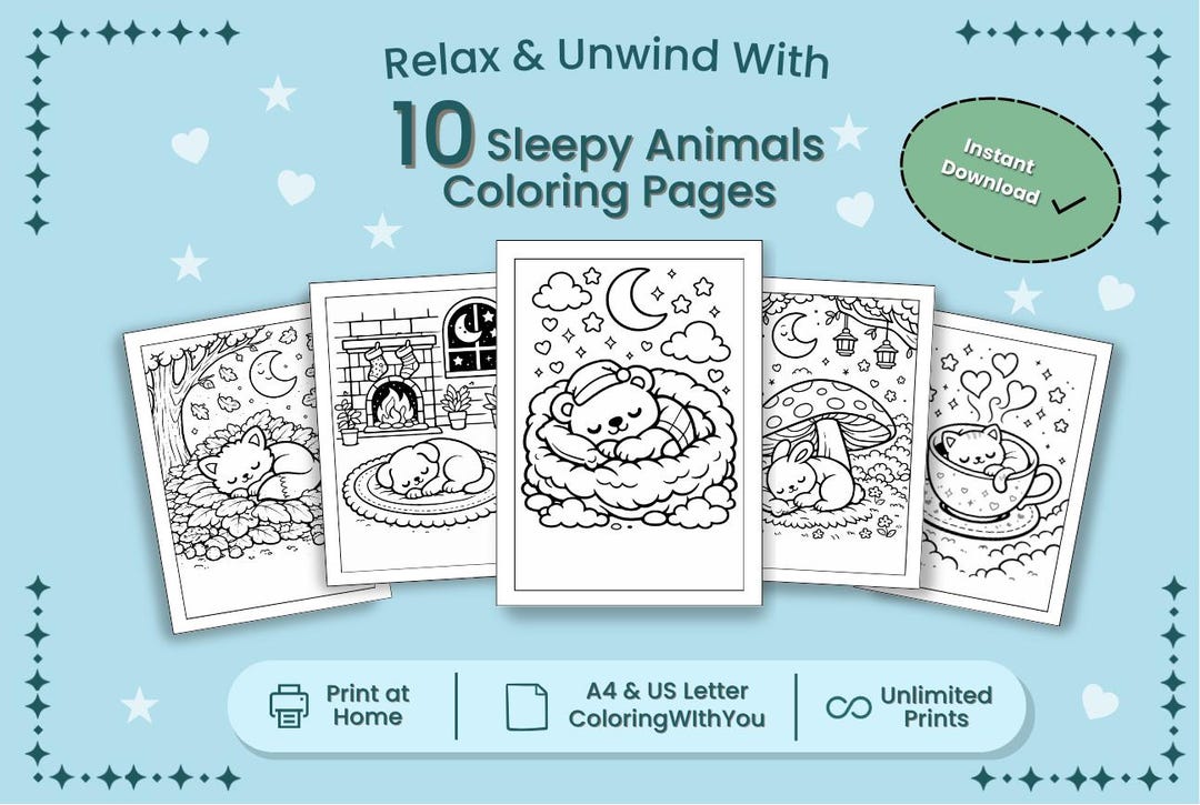 Cozy Coloring Page : 10 Sleepy Animal (PDF Download) - Etsy
