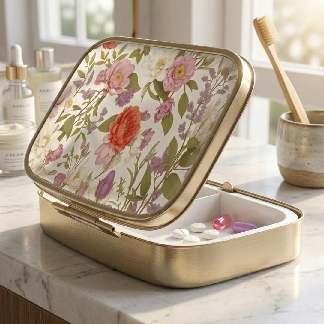 Retro Floral Pill Case With Mirror – Vintage Small Pill Box for Purse ...