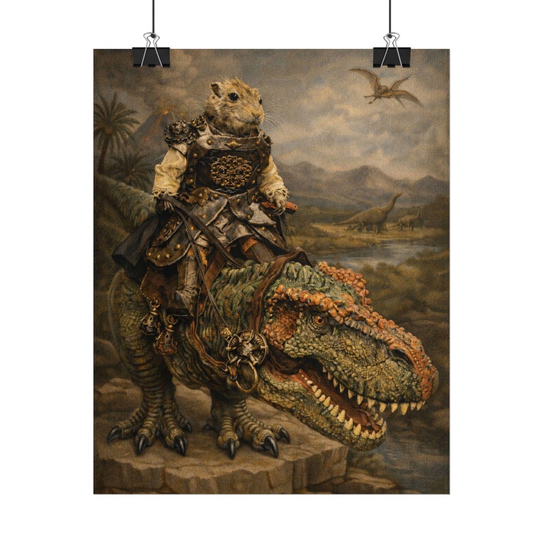 Gerbil Riding T Rex Art Print Vintage Dinosaur Fantasy Poster Whimsical ...
