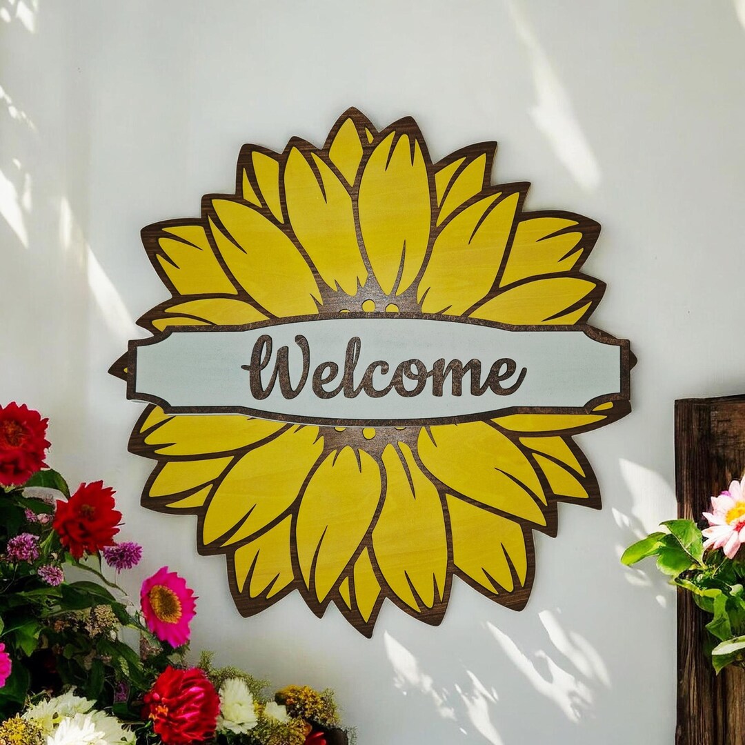 Sunflower Welcome Sign | Laser Cut Plywood Door Decor | Rustic ...