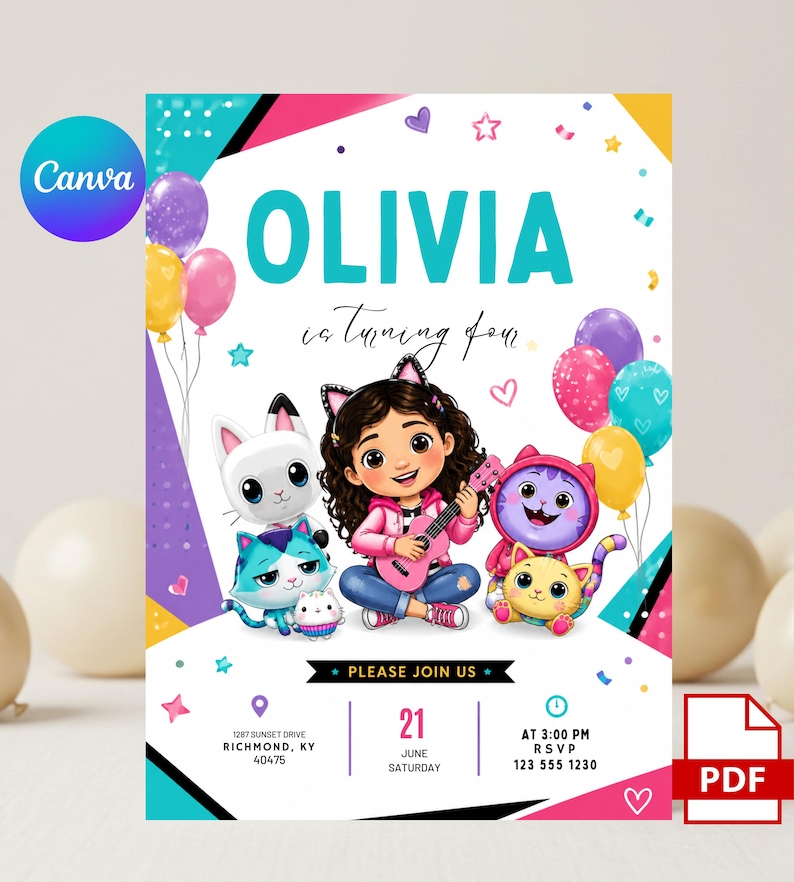 Gabby Dollhouse Birthday Invitation, Gabby Cats Canva Template ...