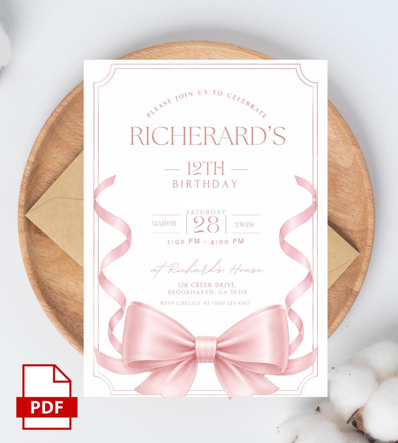 Pink Bow 12th Birthday Invitation and Favor Tag Bundle (digital ...