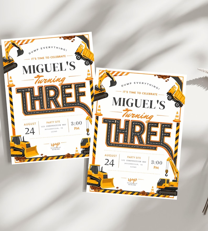 Construction 3rd Birthday Invitation, Dump Truck Party Invite (digital ...