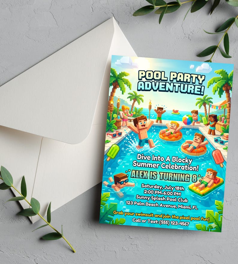 Birthday Invitation Pool Party Invite Canva Template Printable Card ...