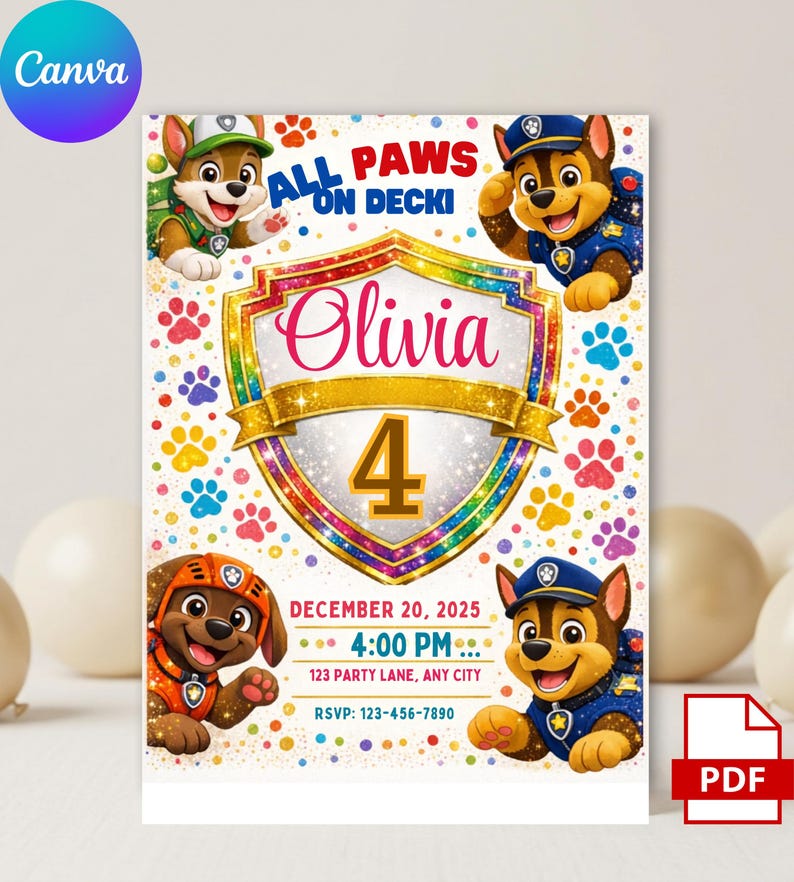 Paw Patrol Birthday Invitation, Editable Canva Template (digital ...