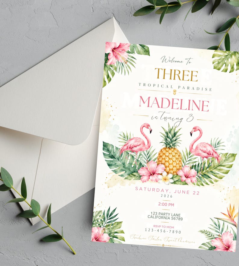 Tropical Flamingo Birthday Invitation & Favor Tag (digital Download) - Etsy
