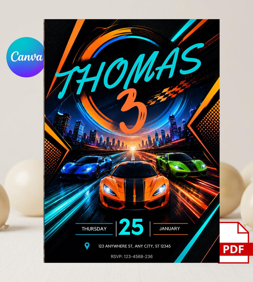 Hot Wheels Birthday Invitation, Race Car Canva Template (digital ...