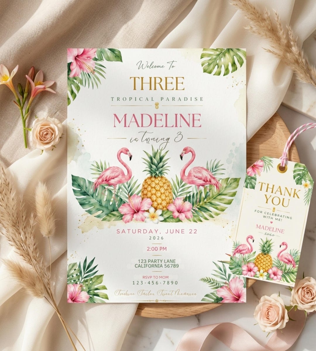 Tropical Flamingo Birthday Invitation & Favor Tag (digital Download) - Etsy
